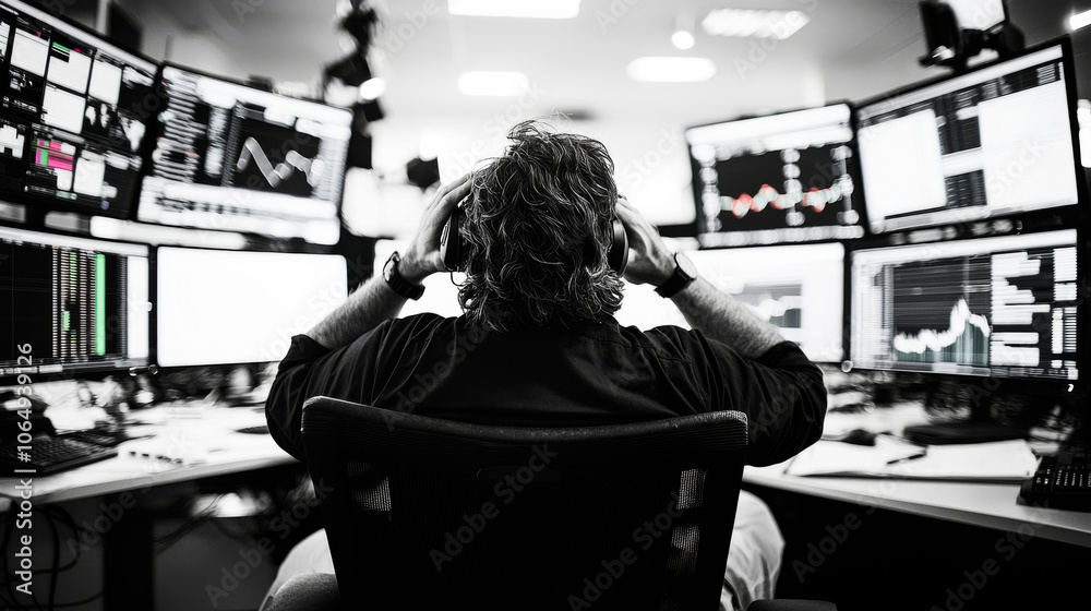 Stock Trader Stressed: A grayscale image showing a trader overwhelmed ...