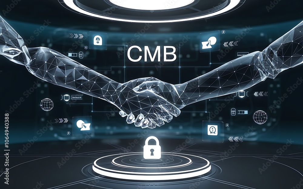 Cyber Security Collaboration A Futuristic Handshake Symbolizes The Alliance Between Two Robotic