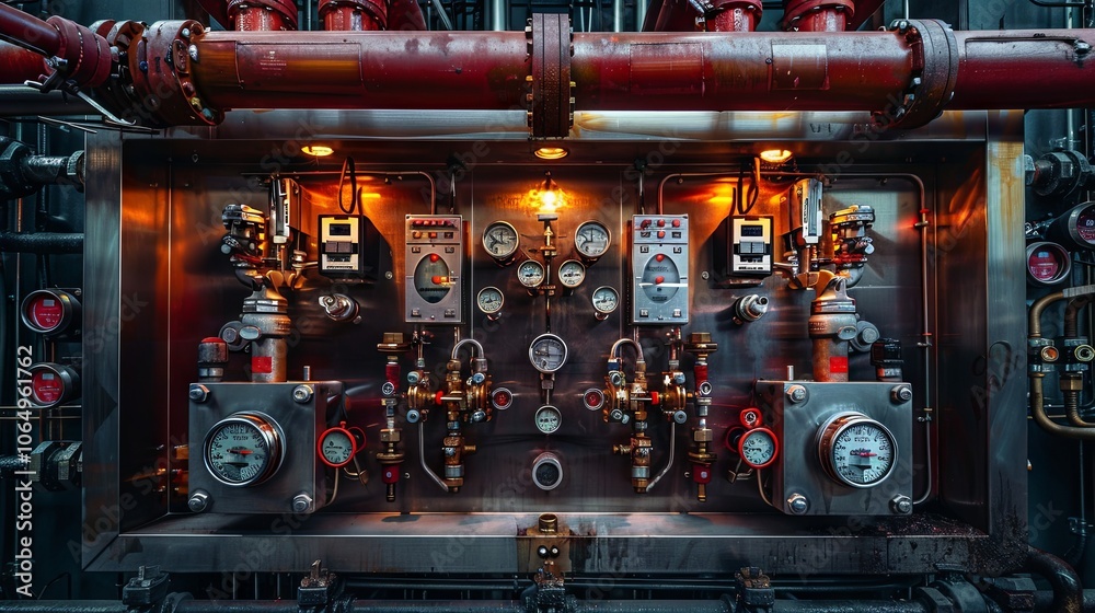 An industrial control panel featuring red and chrome machinery, along ...