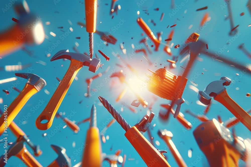 Dynamic scene: hammers and screwdrivers in the air, ready for action ...