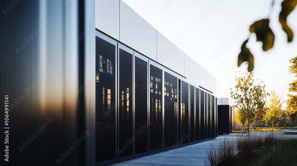 A modern data center building mockup highlights multiple cooling and ...