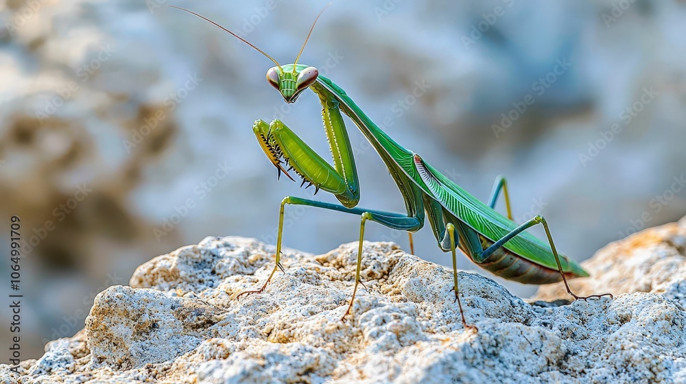 A vibrant green praying mantis perched on a rugged rock, showcasing its ...