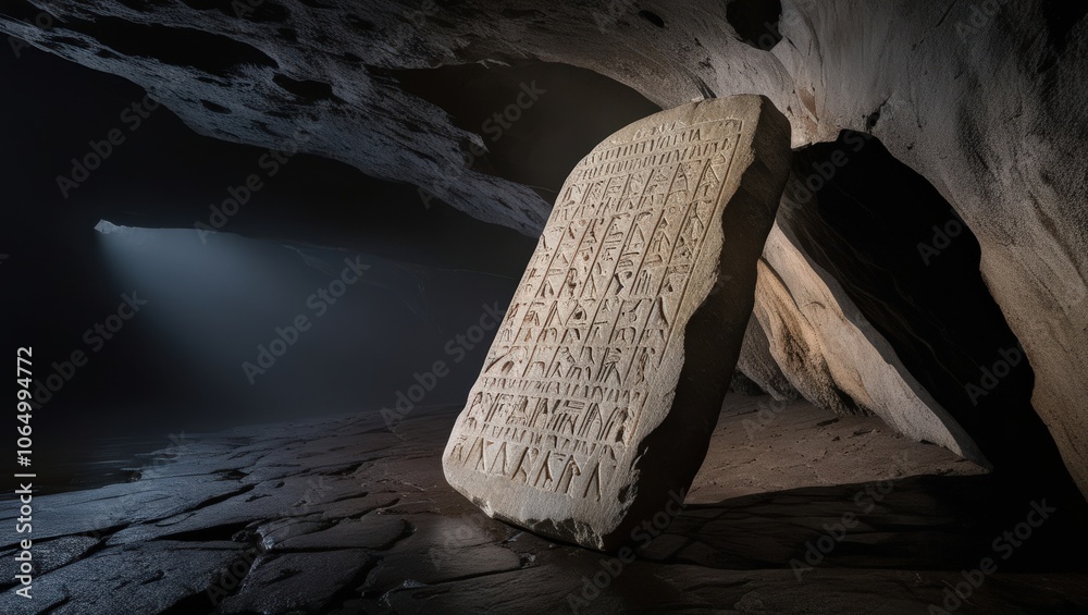 Ancient Stone Tablet with Hieroglyphs in Mysterious Cave Setting Stock ...