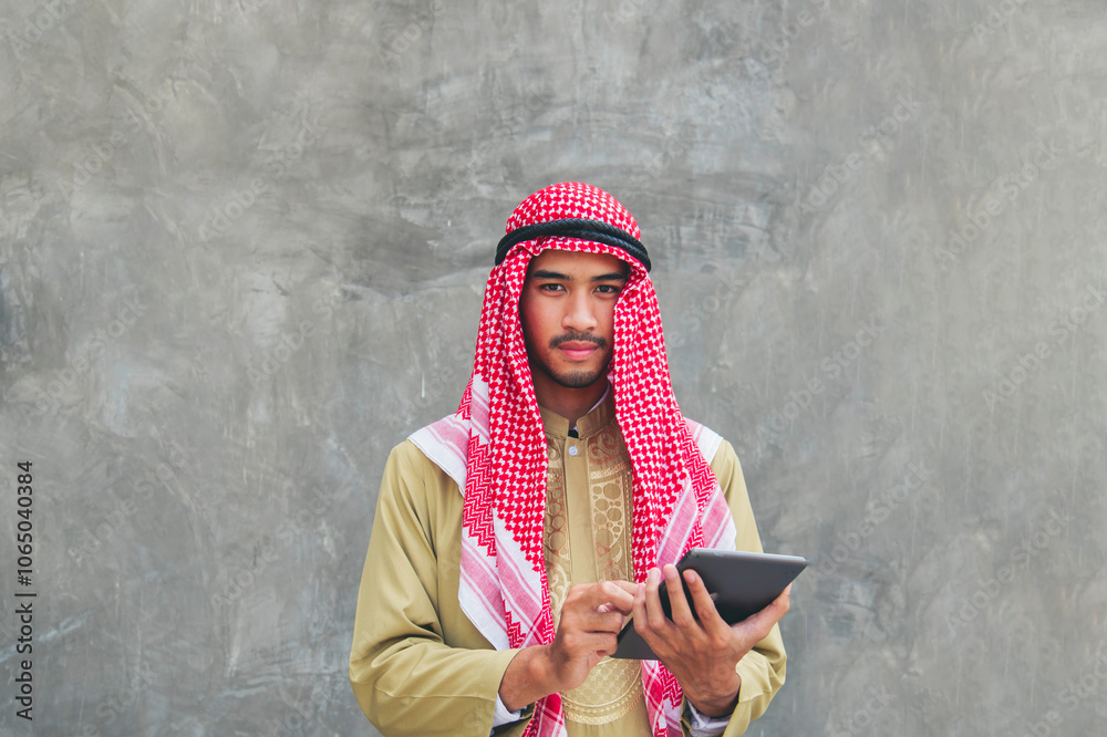 Portrait Islamic man using smartphones app organize schedule agenda ...