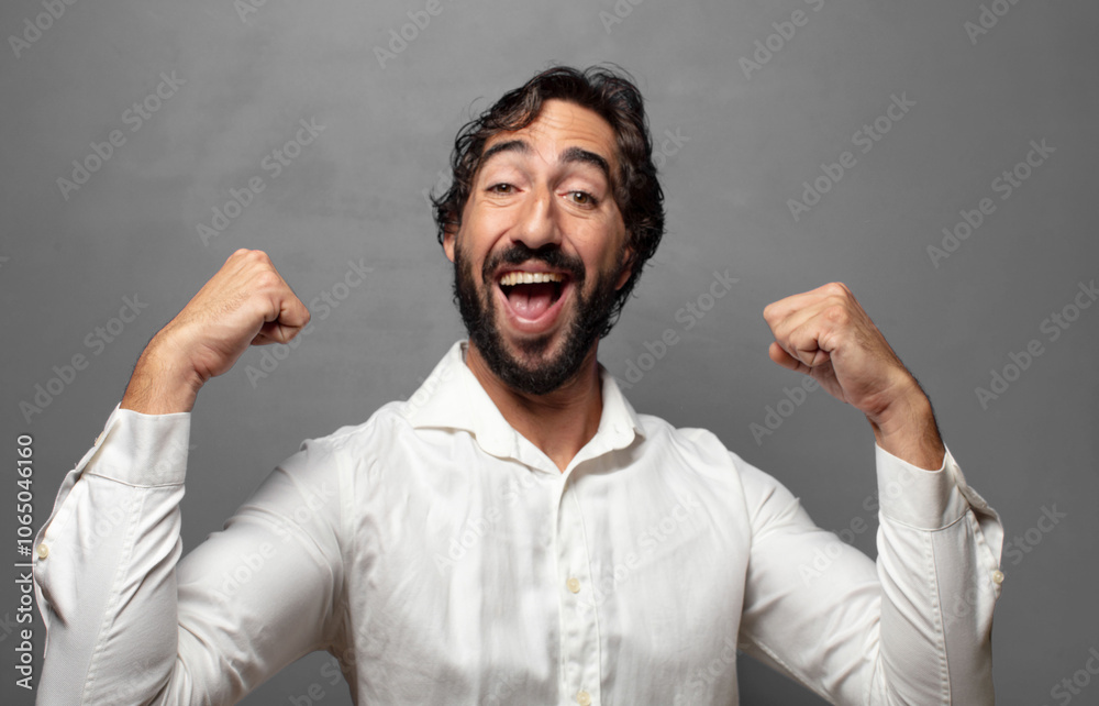 feeling happy, satisfied and powerful, flexing fit and muscular biceps ...