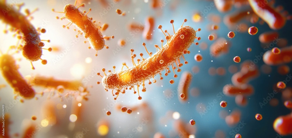 Bacterial cells bonding on a surface, depicting biofilm formation and ...