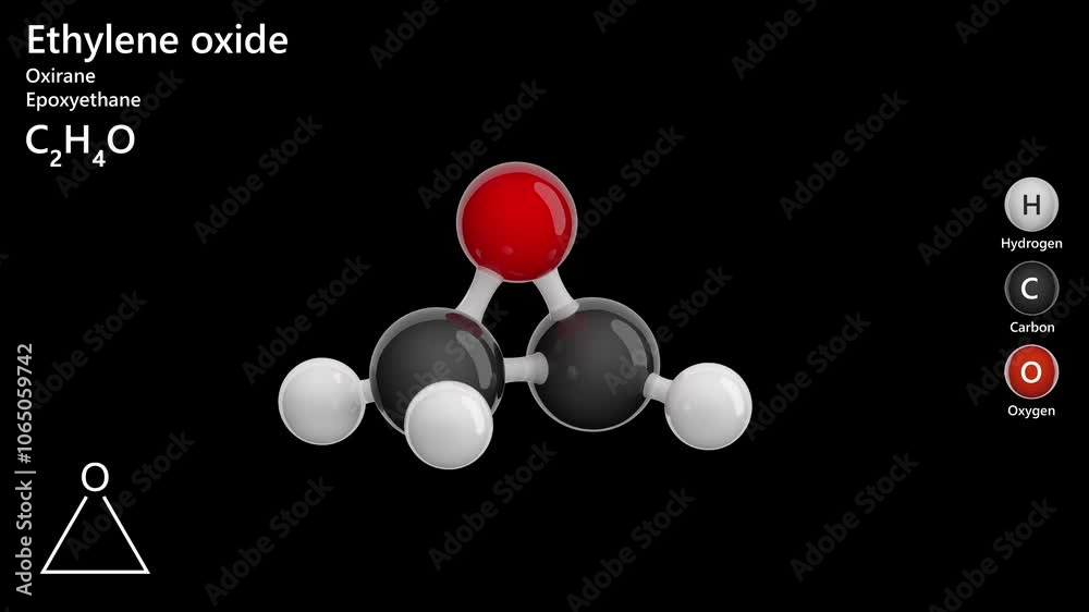 Ethylene oxide or Oxirane. Flammable gas. Animated 3D model of a ...