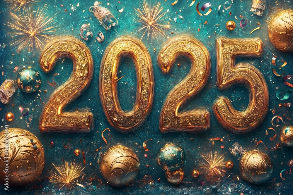 An ultra-realistic digital artwork of the golden number "2025" with ...