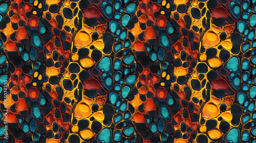 Seamless pattern of vibrant African animal skin textures with black ...