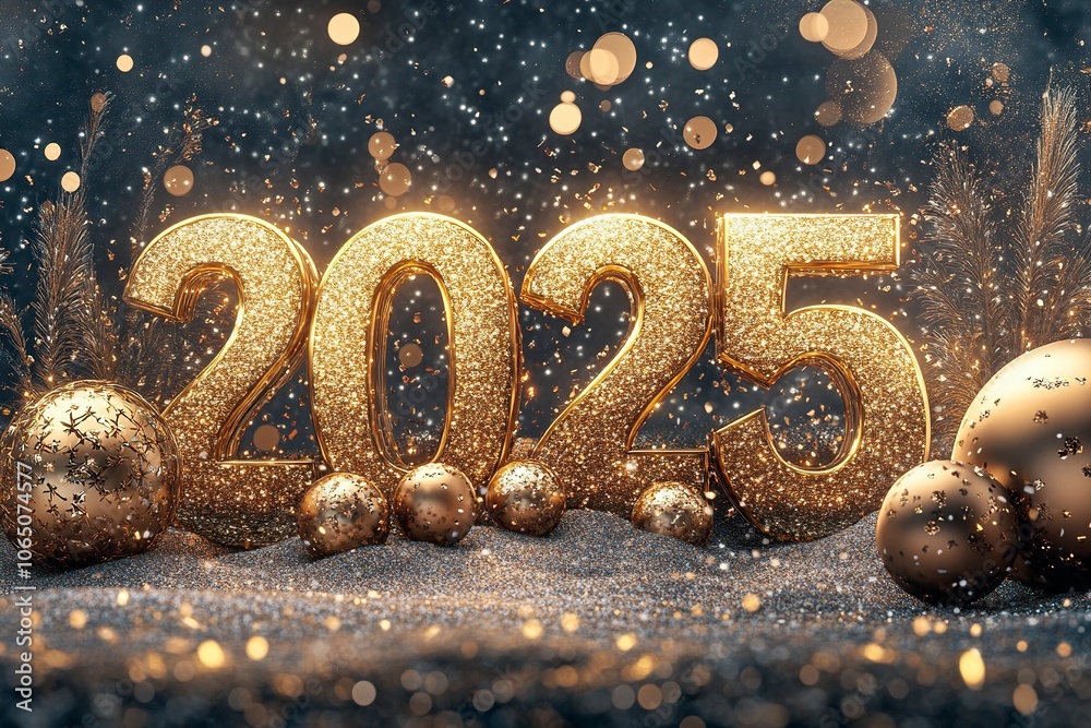 An ultra-realistic digital artwork of the golden number "2025" with ...