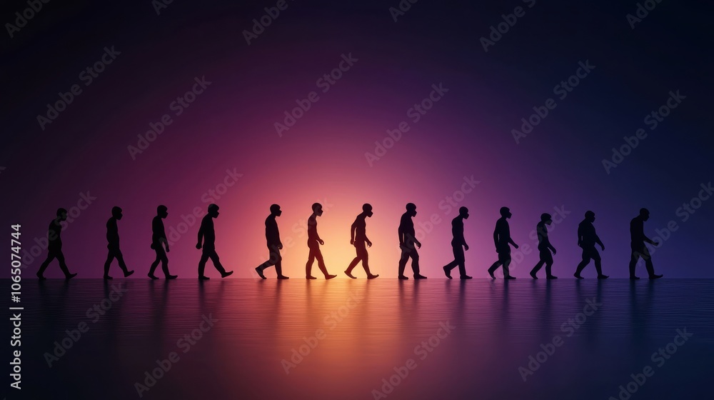 Silhouettes of different evolutionary stages, from ape to modern human ...