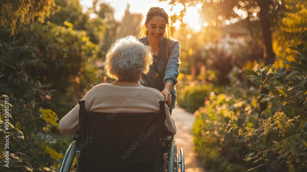 A serene image showing a caregiver from behind, gently pushing an ...