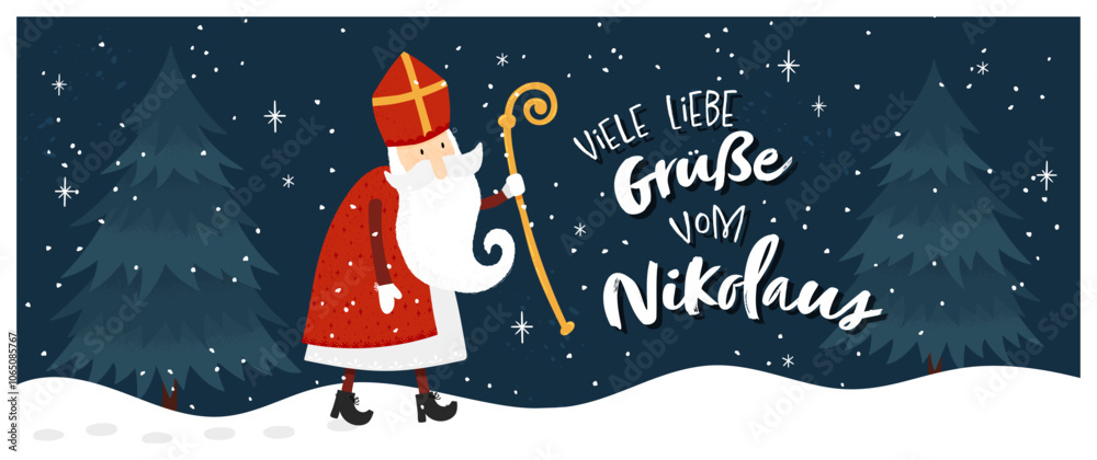 Lovely drawn Nikolaus character, , text in german saying "Greetings ...