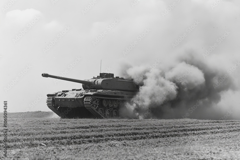 A battle tank charges ahead, generating clouds of dust against the ...