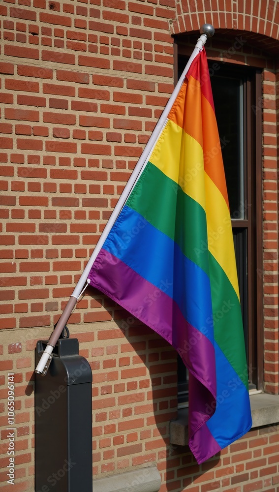 Image portrayal Gay Pride flag displayed prominently against a brick ...