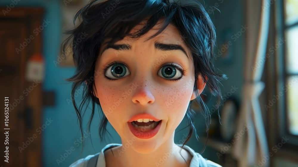 Animated character tells a story with expressive eyes is surprised in a ...