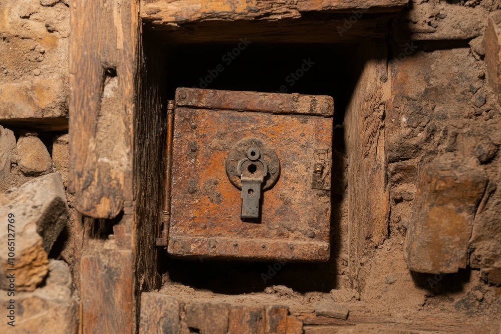 Ancient rusty chest nestled within weathered stone walls in a historic ...