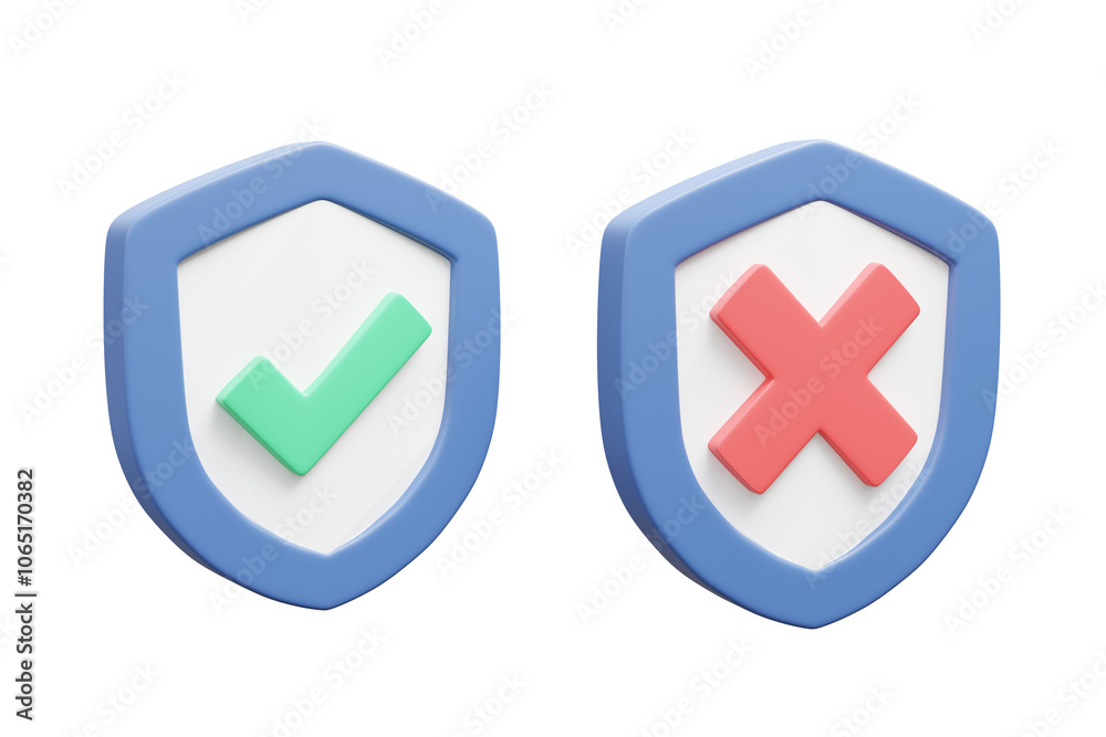 This 3D rendered illustration shows two shield icons used as security ...