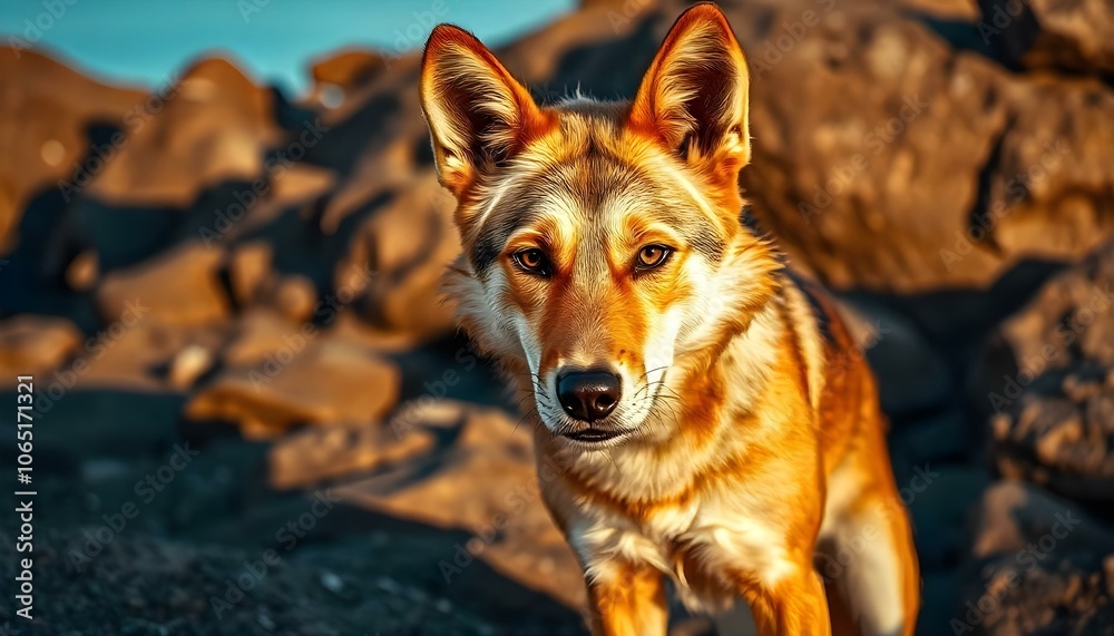 Close-up photography of a dingo against a rocky landscape, highlighting ...