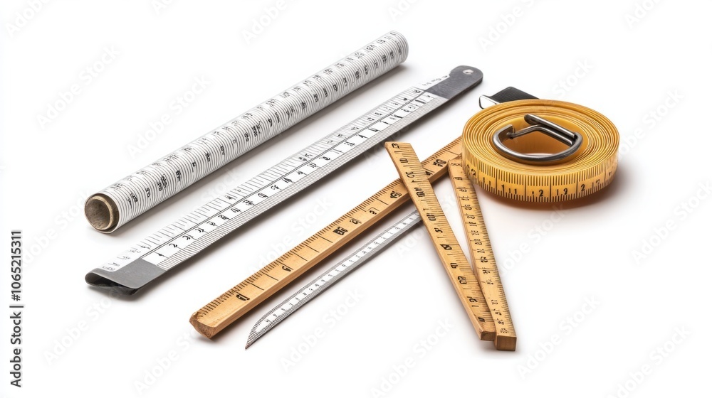 Isolated measuring tape, protractor, and math tools on a blank ...