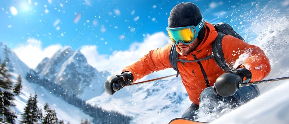 Skier gracefully flying off a jump snow trailing behind with towering ...