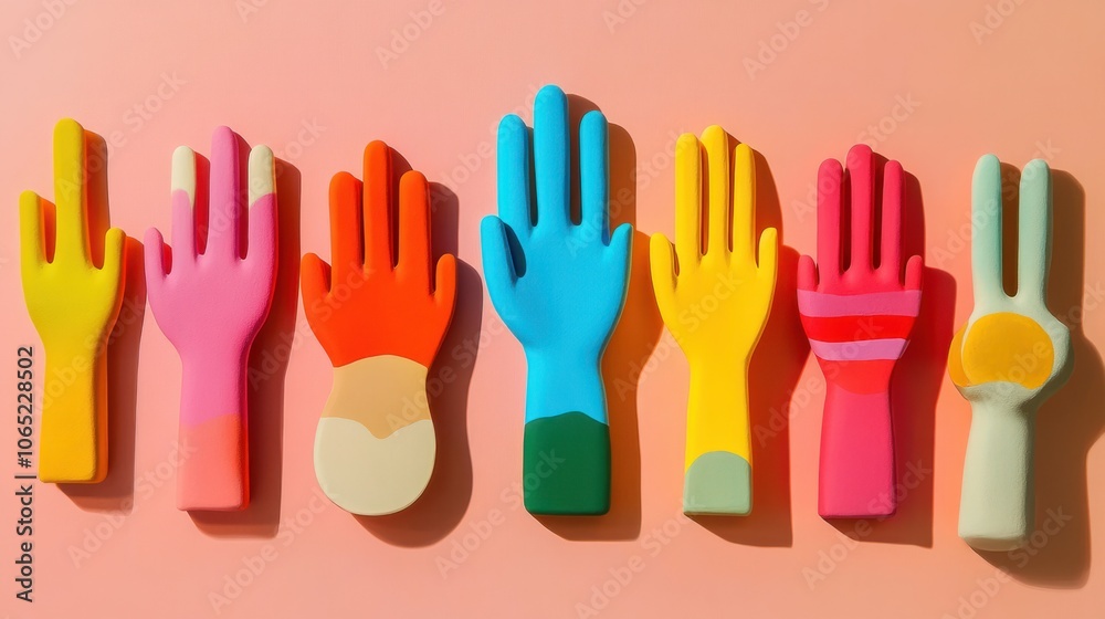 Stylized shapes of finger puppets in bright hues on a soft background ...