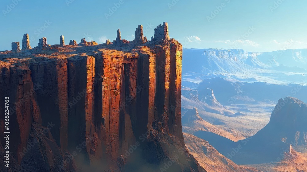 A stunning mountain cliff with jagged rock formations, bathed in soft ...