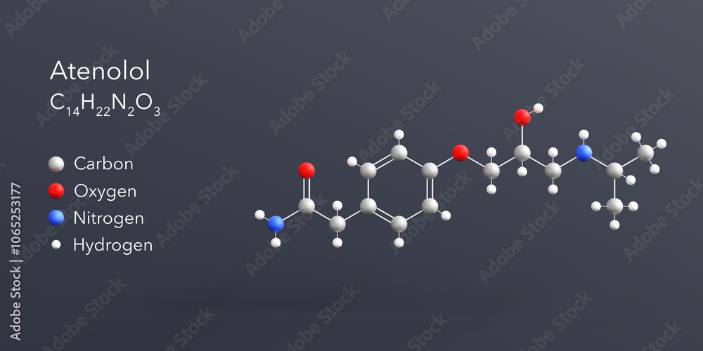 atenolol molecule 3d rendering, flat molecular structure with chemical ...