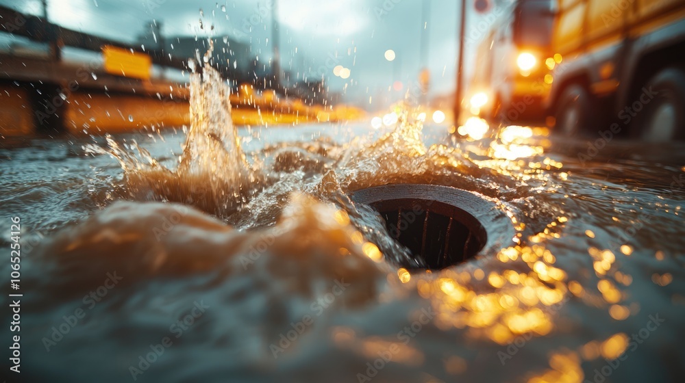 A powerful flood bursting through city drainage systems, with water ...