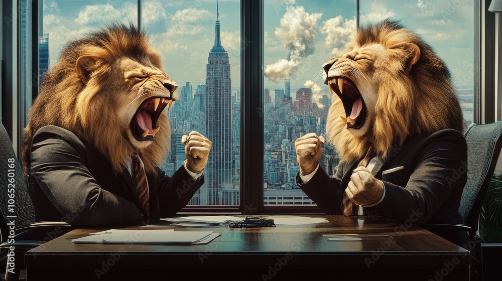 Two lions in business suits sitting across from each other at an office ...