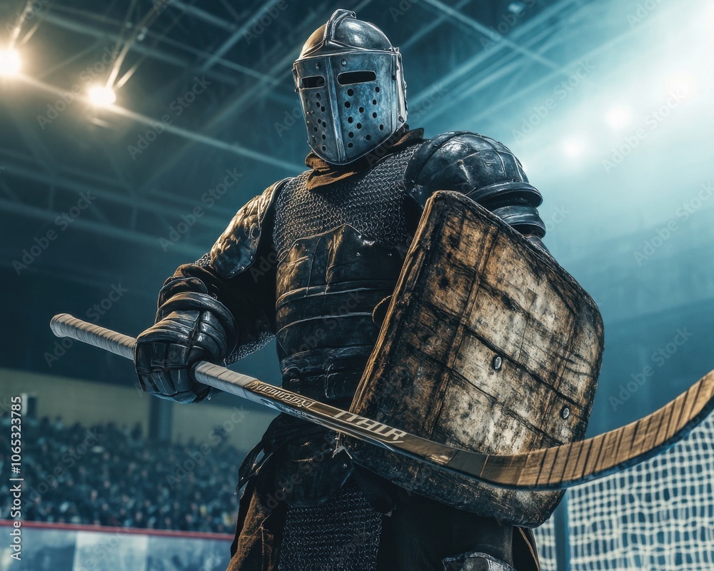 Knight in armor holding hockey stick and shield on ice of arena with ...
