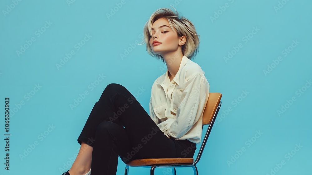 Photography of a young woman sitting on an isolated bus chair with a ...