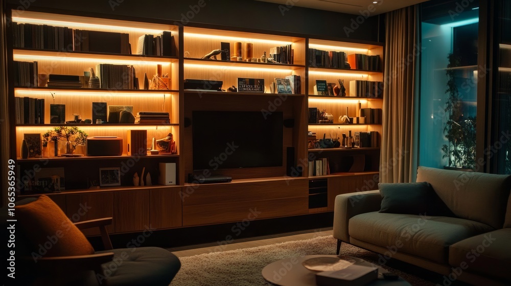 Cozy living room with hidden LED strips in the ceiling, softly ...