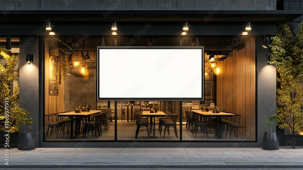 Cozy restaurant exterior with large window display featuring blank ...