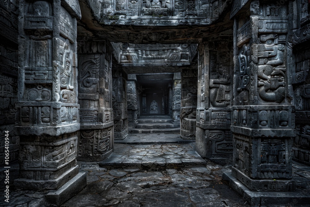 Aztec Mictlan ruins with ancient carvings and dark passages evoking ...