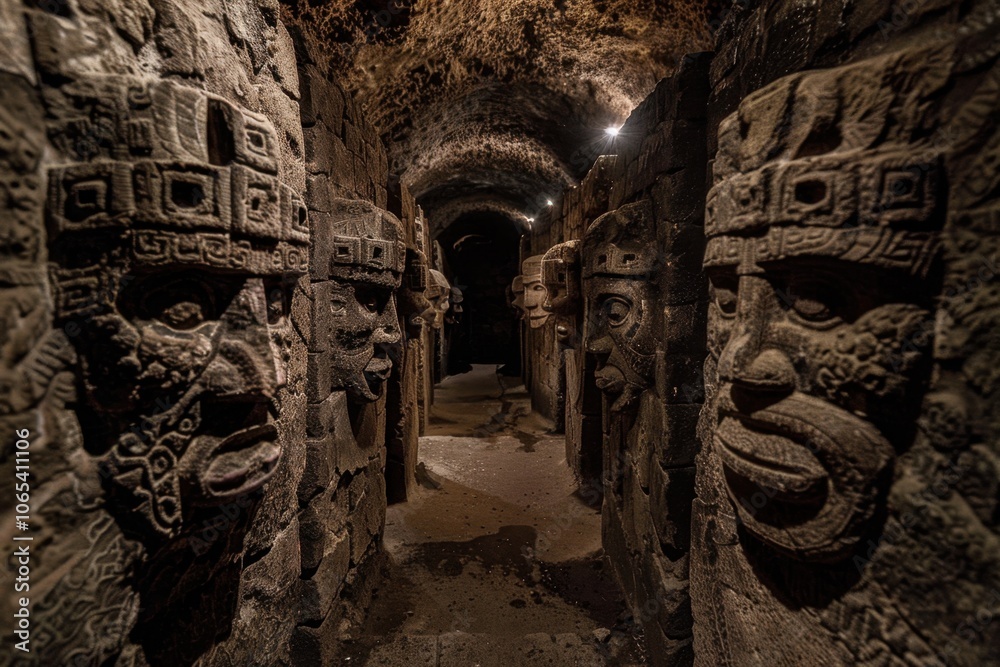 Aztec Mictlan ruins with stone carvings in dark subterranean ...
