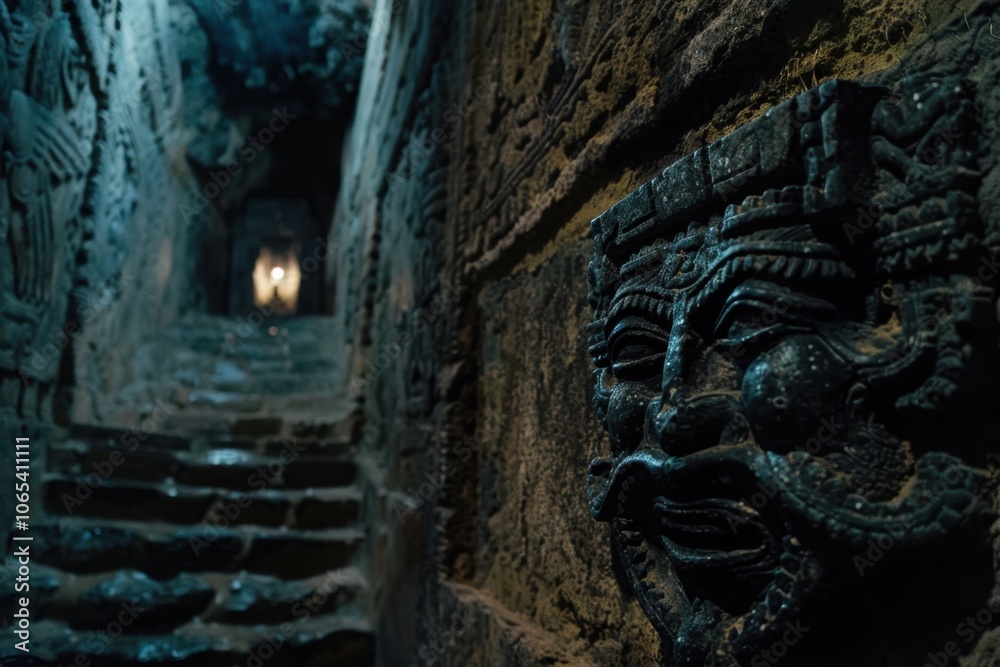 Aztec underworld Mictlan with temple ruins and shadowy passages Stock ...