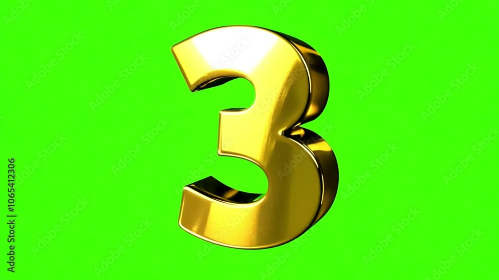 Golden Number 3 On Green Screen background. Festive shiny gold number ...