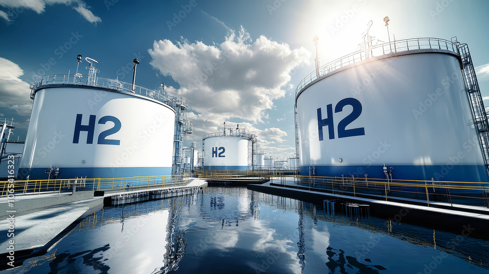 Realistic 3D rendering of hydrogen storage tanks at a production plant ...