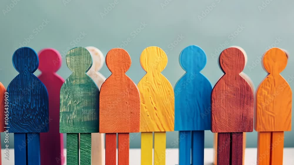 Diverse Group of Colorful Wooden Human Figures on Light Blue Background ...