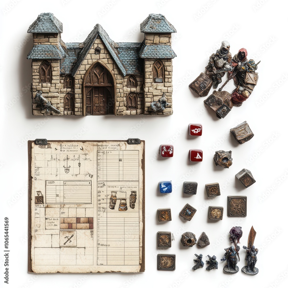 Adventure role-playing game scene, character sheet, miniatures, and ...