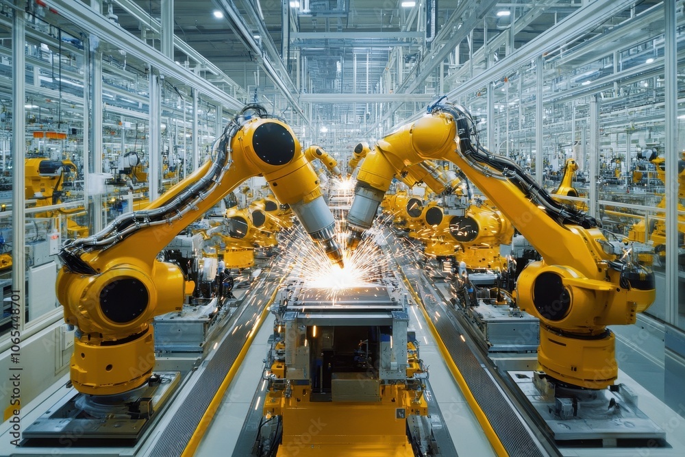 Robot Factory: A high-tech factory floor with assembly lines of robots ...