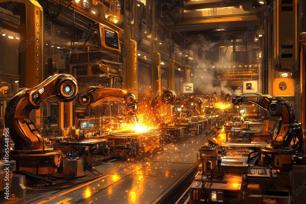 Robot Factory: A high-tech factory floor with assembly lines of robots ...