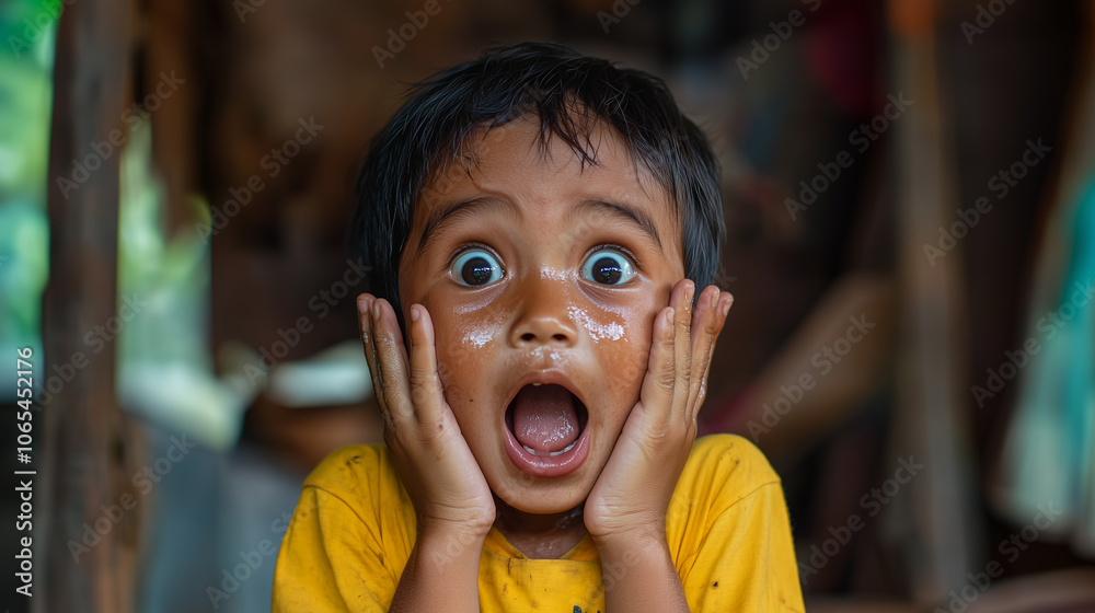 Asian Little boy with shock Shock or Amaze Expression, crying tears on ...