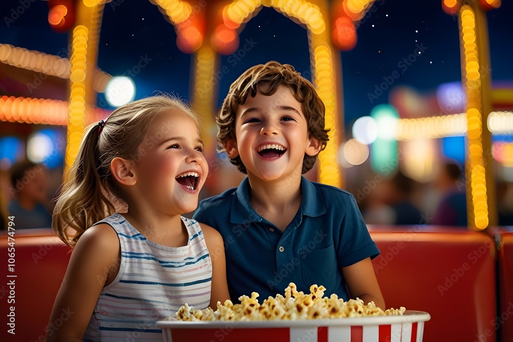 Two children a boy and a girl, sharing a tub of popcorn and laughing ...
