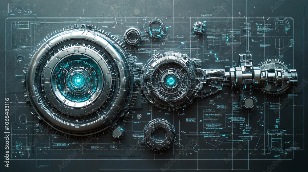 Futuristic mechanical blueprint featuring intricate metallic textures ...