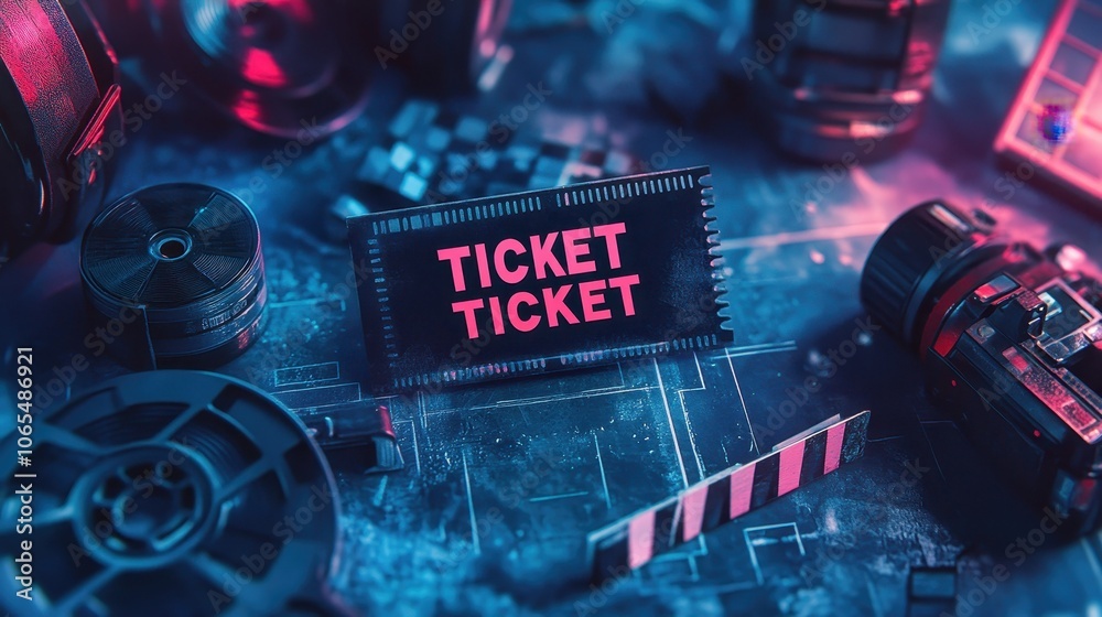 This mockup showcases a bold ticket design with film reels and ...