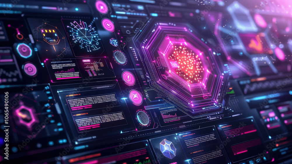 High tech digital interface with vibrant blue and pink elements, showcasing data visualizations ...