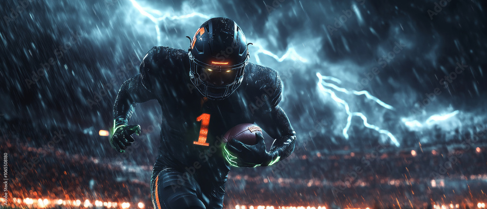 a football player running on a football field during a night game. The ...