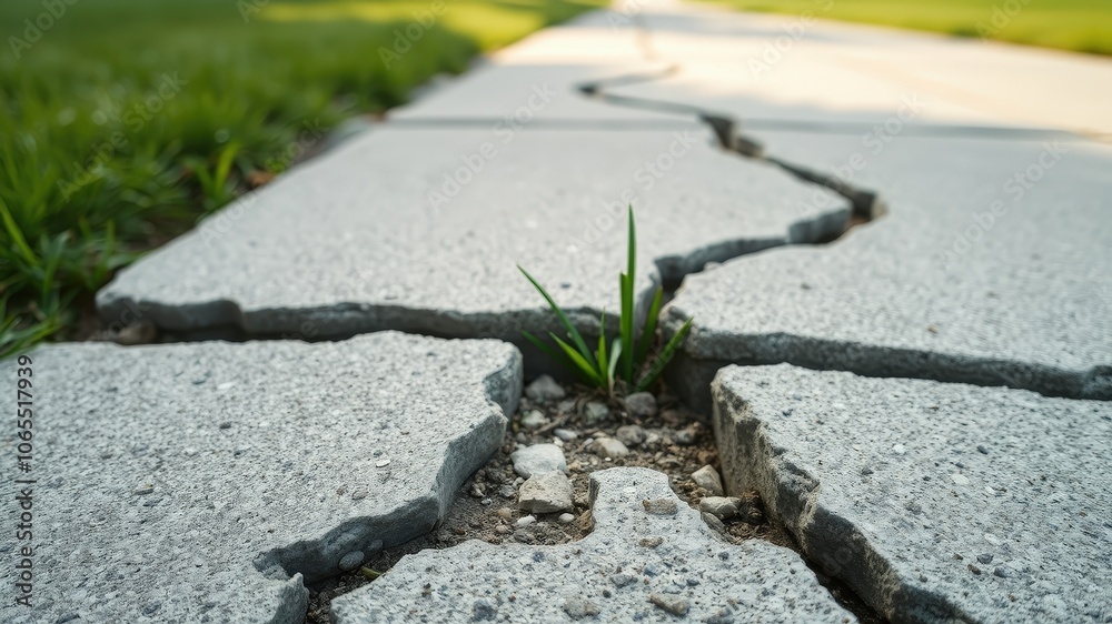 A single blade of grass pushing through a crack in a concrete pathway ...